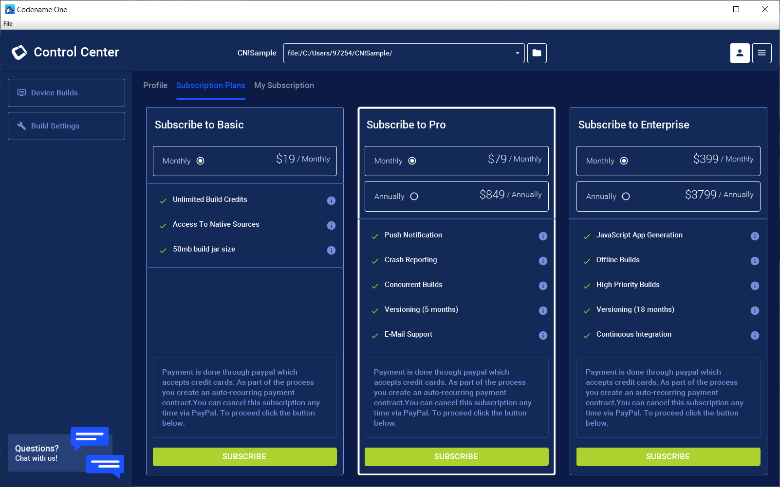 Codename One Control Center Desktop App
